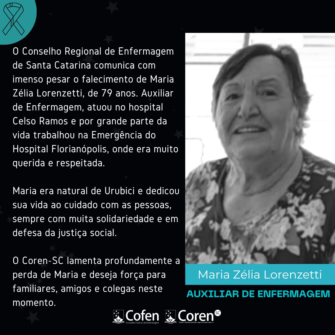 Nota de pesar: Maria Zélia Lorenzetti | Coren-SC | Conselho Regional de ...